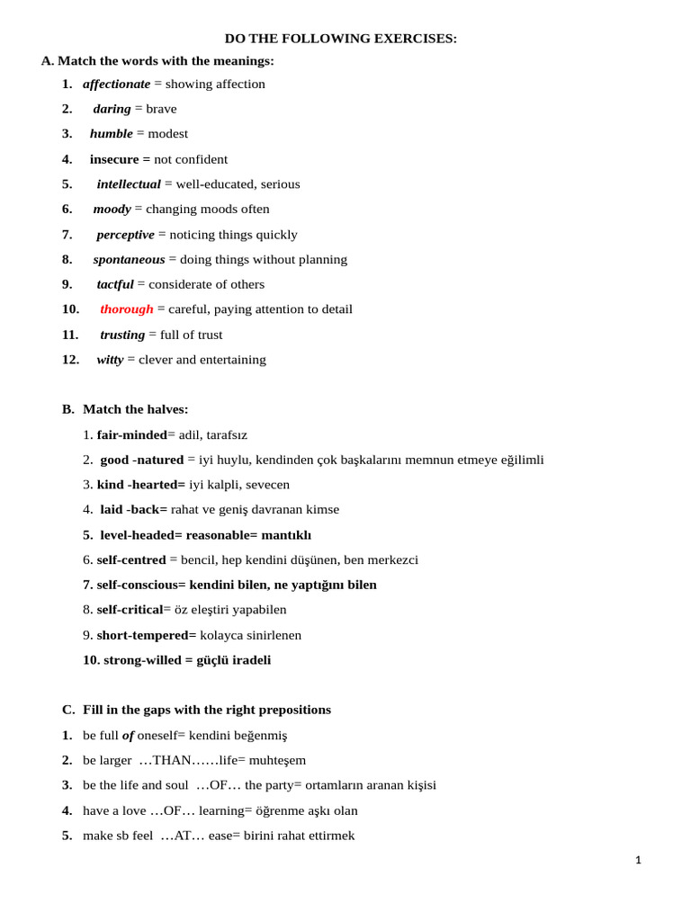 Vocabulary Exercises for Personality Traits | PDF