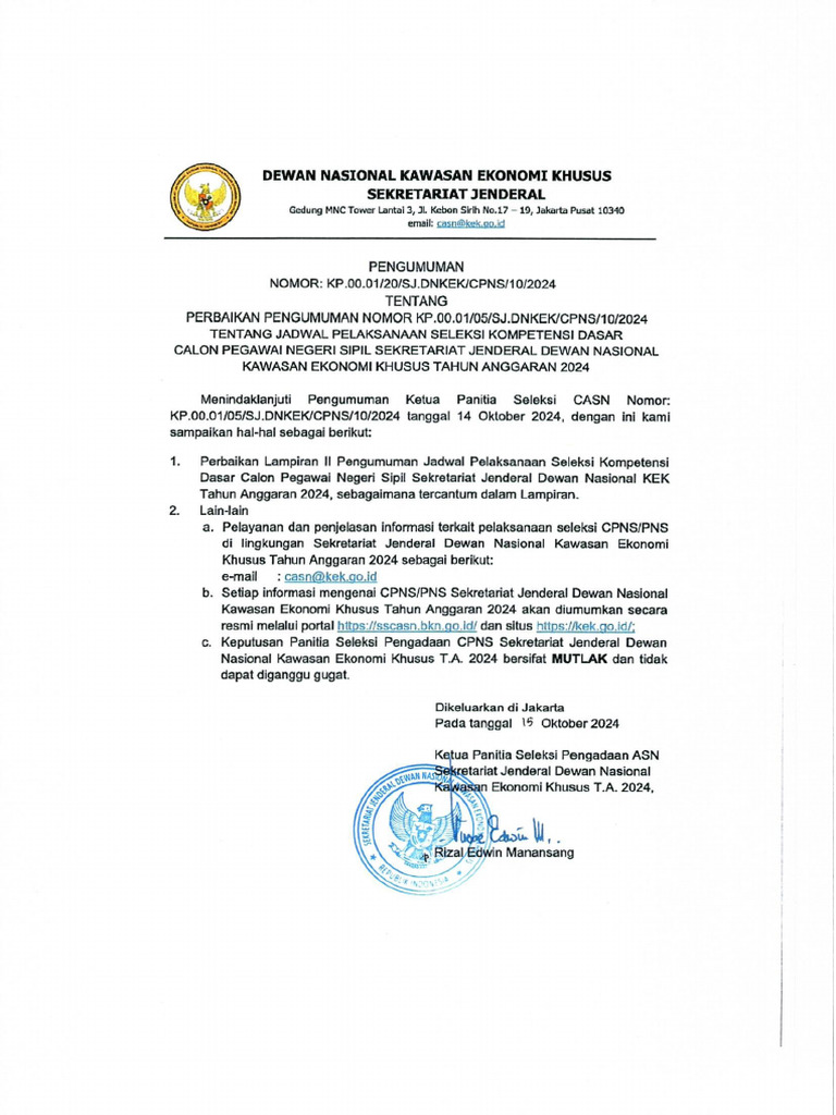 Pengumuman Perbaikan Lampiran II Pengumuman Jadwal SKD CPNS KEK 2024 | PDF