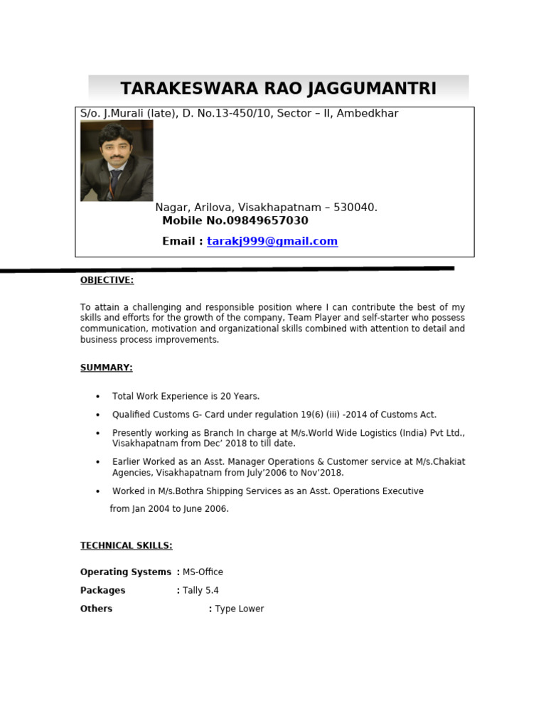 Resume - J Tarakeswara Rao | PDF | Cargo | Freight Transport