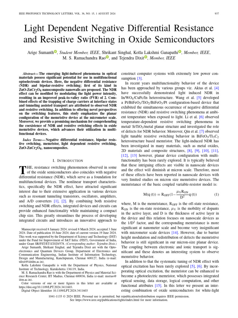 Light Dependent Negative Differential Resistance and Resistive ...