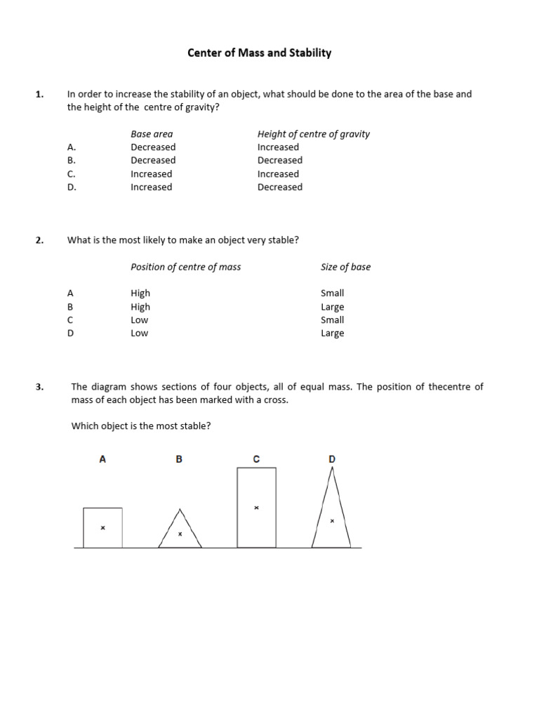 Stability Worksheet | PDF | Mass | Center Of Mass