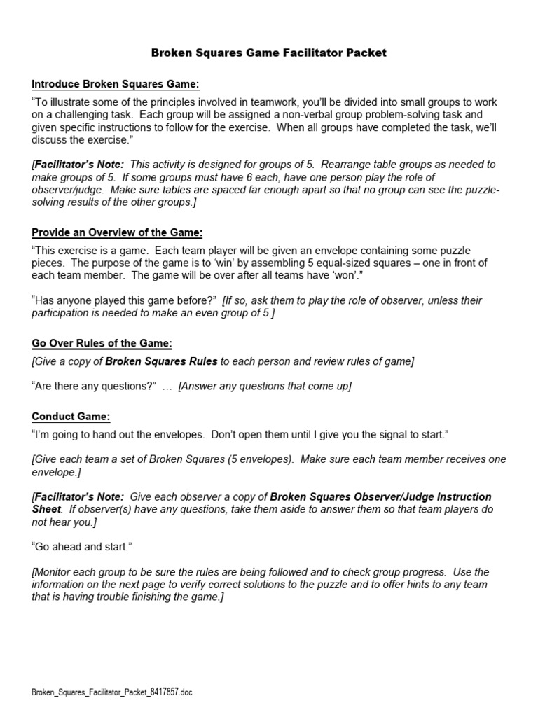 Broken Squares Team Building Activity | PDF | Behavioural Sciences ...