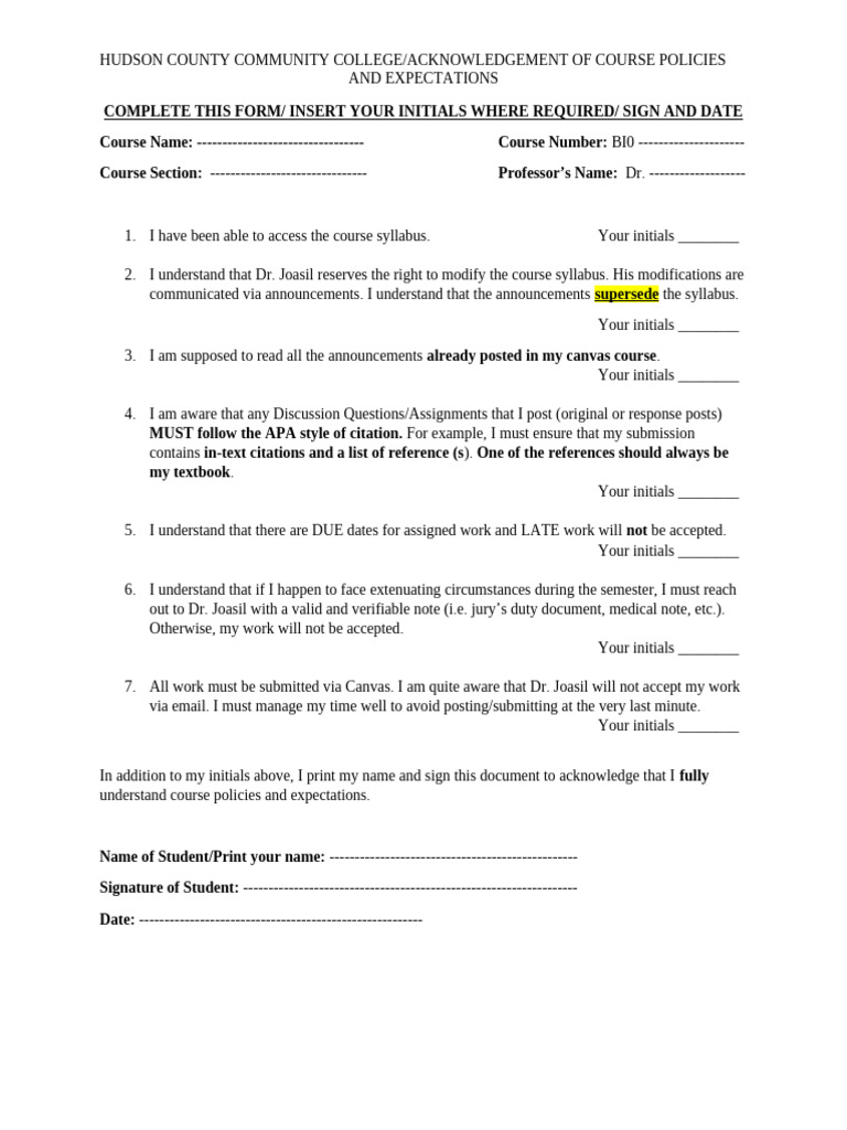 Course Policies Acknowledgment Form | PDF