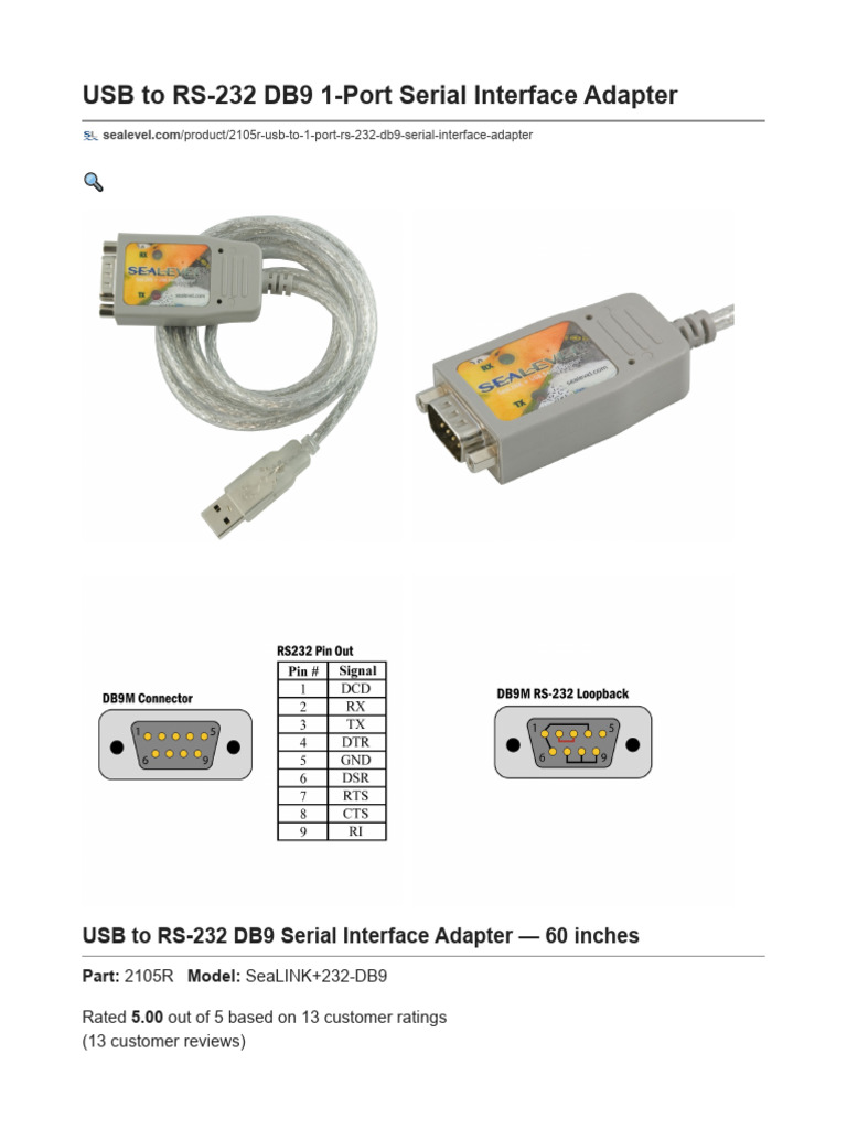 USB to RS-232 DB9 1-Port Serial Interface Adapter - Sealevel | PDF | Usb | Computing