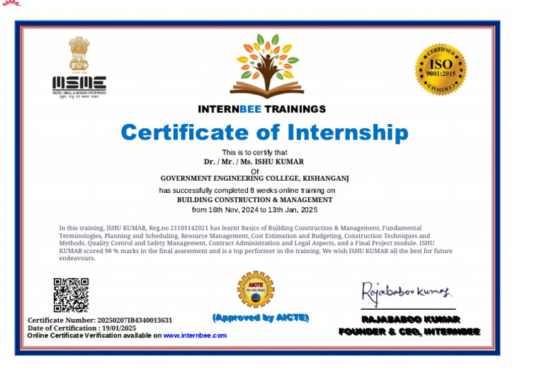 Certificate - PHP Name Ishu+Kumar&Contact 6207534727&result Submit | PDF