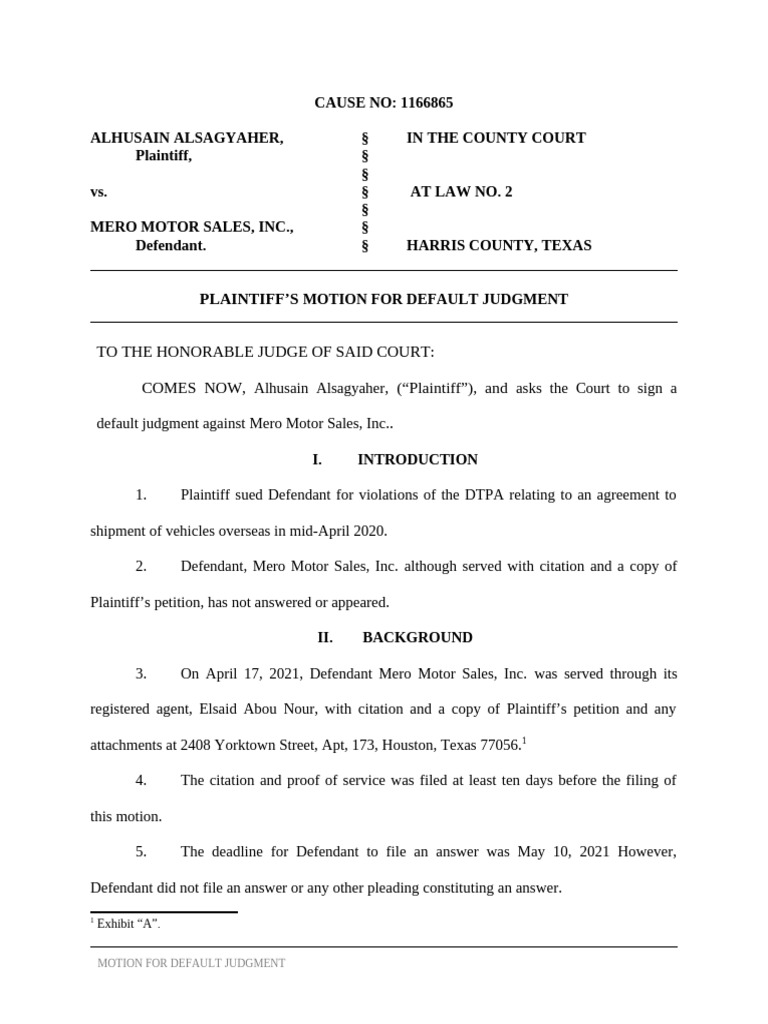 21-0505 Motion For Default Judgment | PDF | Affidavit | Default Judgment