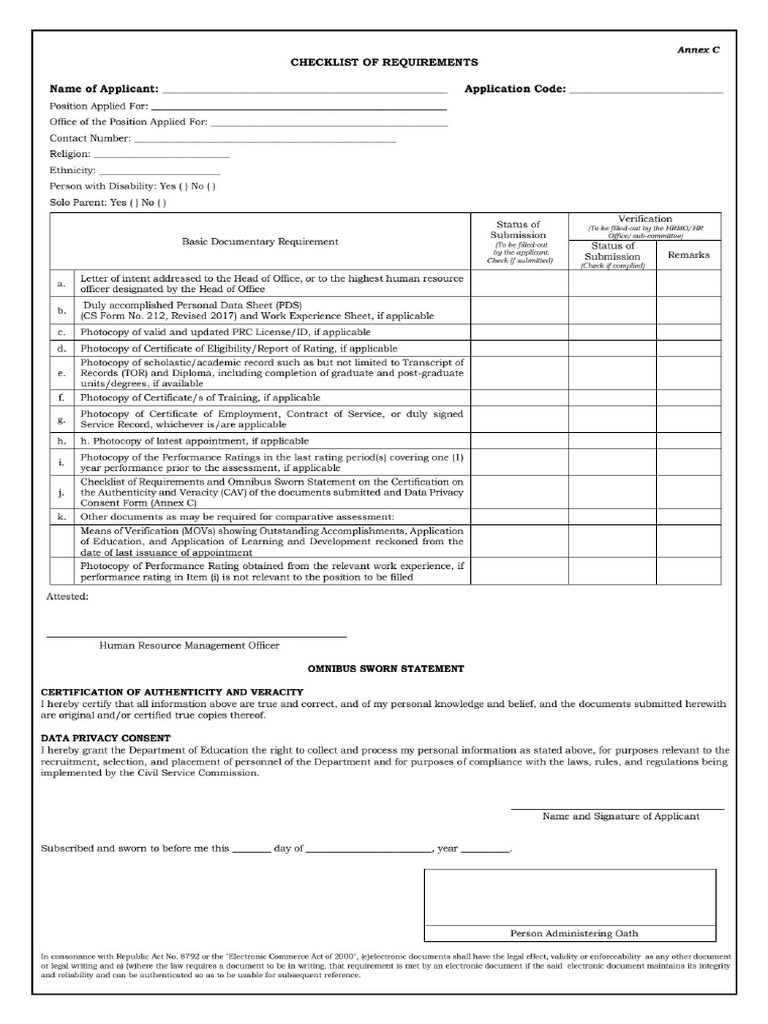 ANNEX C Checklist of Requirements and Omnibus Sworn Statement 1 | PDF