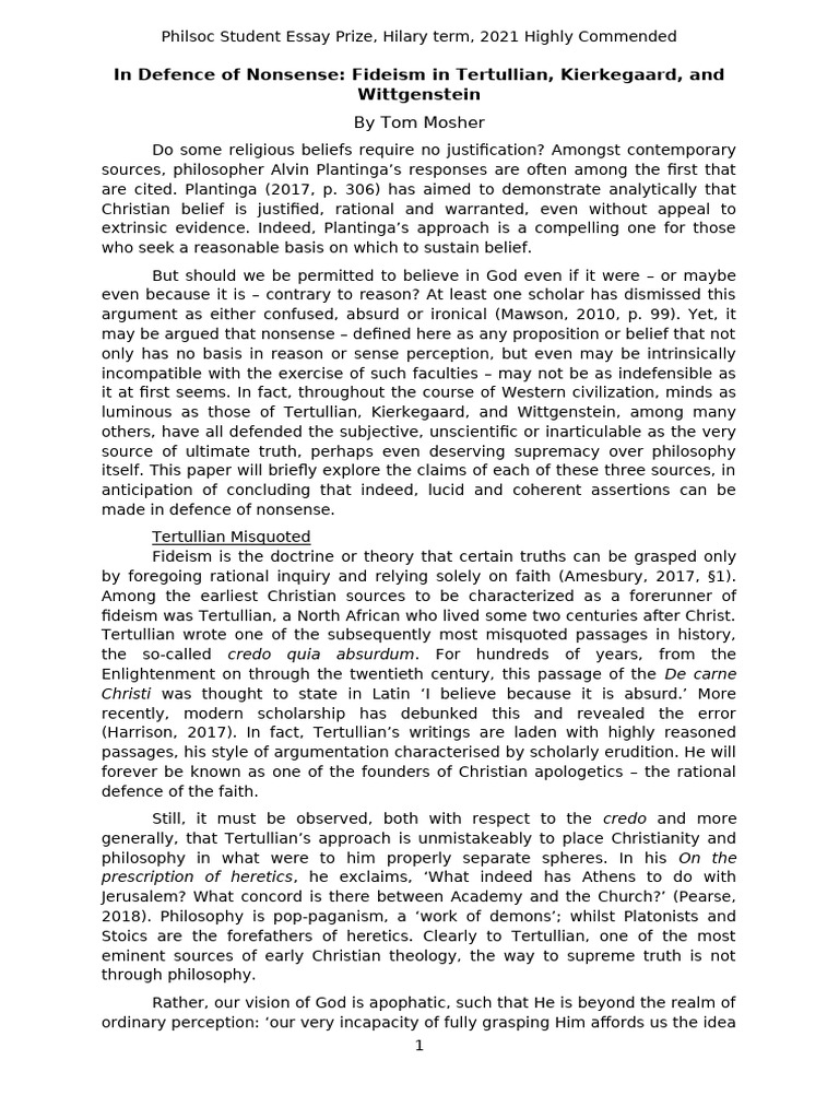 Defending Nonsense: Fideism Explored | PDF | Søren Kierkegaard | Truth