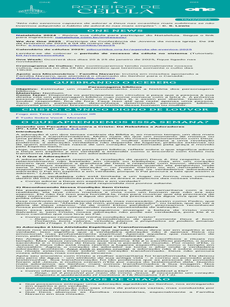 Roteiro ONE 14.12.2024 EDITADO NO CANVA | PDF | Deus | Jesus