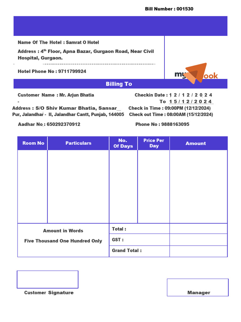 Hotel Bill for Mr. Arjun Bhatia | PDF