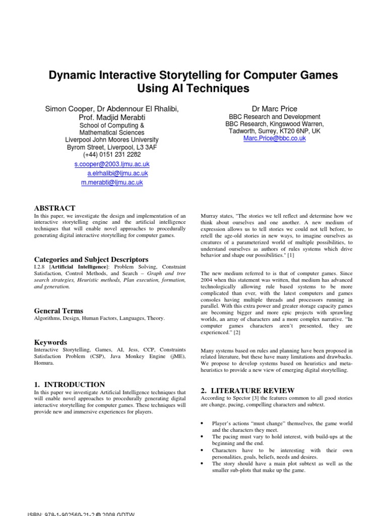 GDTW 2008 SP6 - Dynamic Interactive Storytelling For Computer Games ...