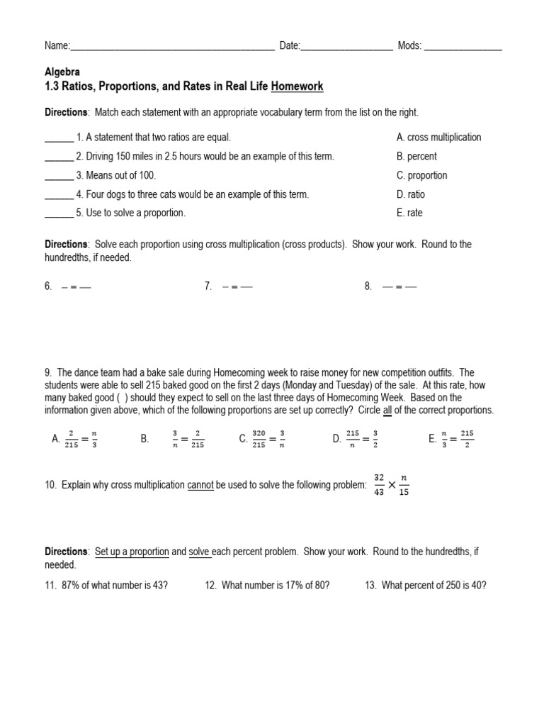 Algebra Ratios and Proportions Homework | PDF