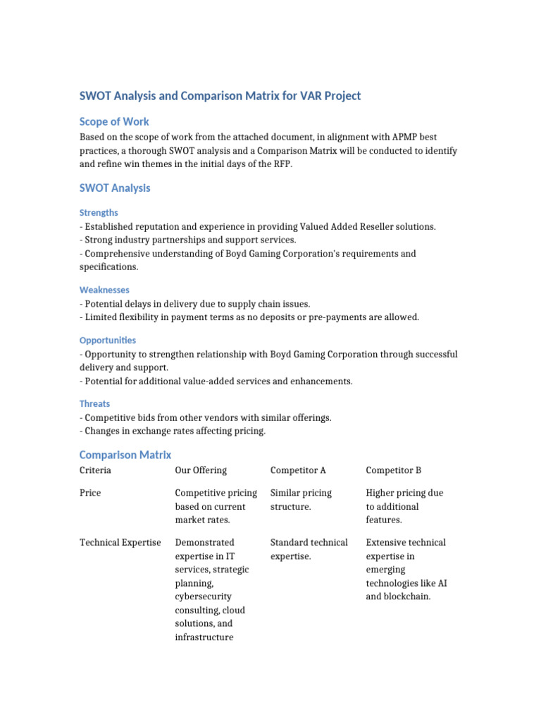 SWOT Analysis and Comparison Matrix VAR Project | PDF | Swot Analysis ...
