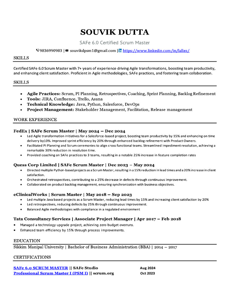 SAFe SCRUM MASTER RESUME.pdf | PDF