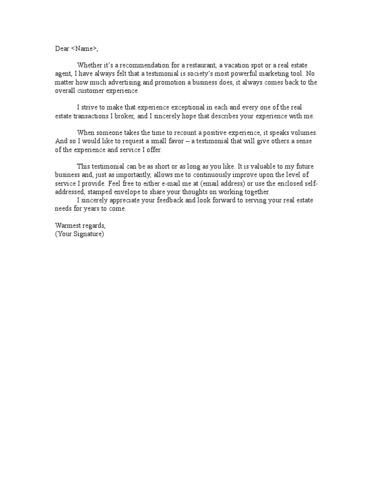 Testimonial Letter Format