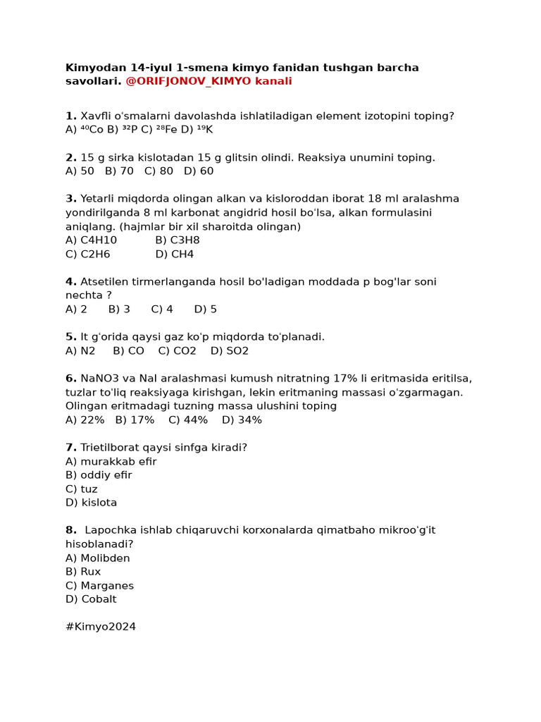 Kimyo Orginal 2024 Kitobi | PDF