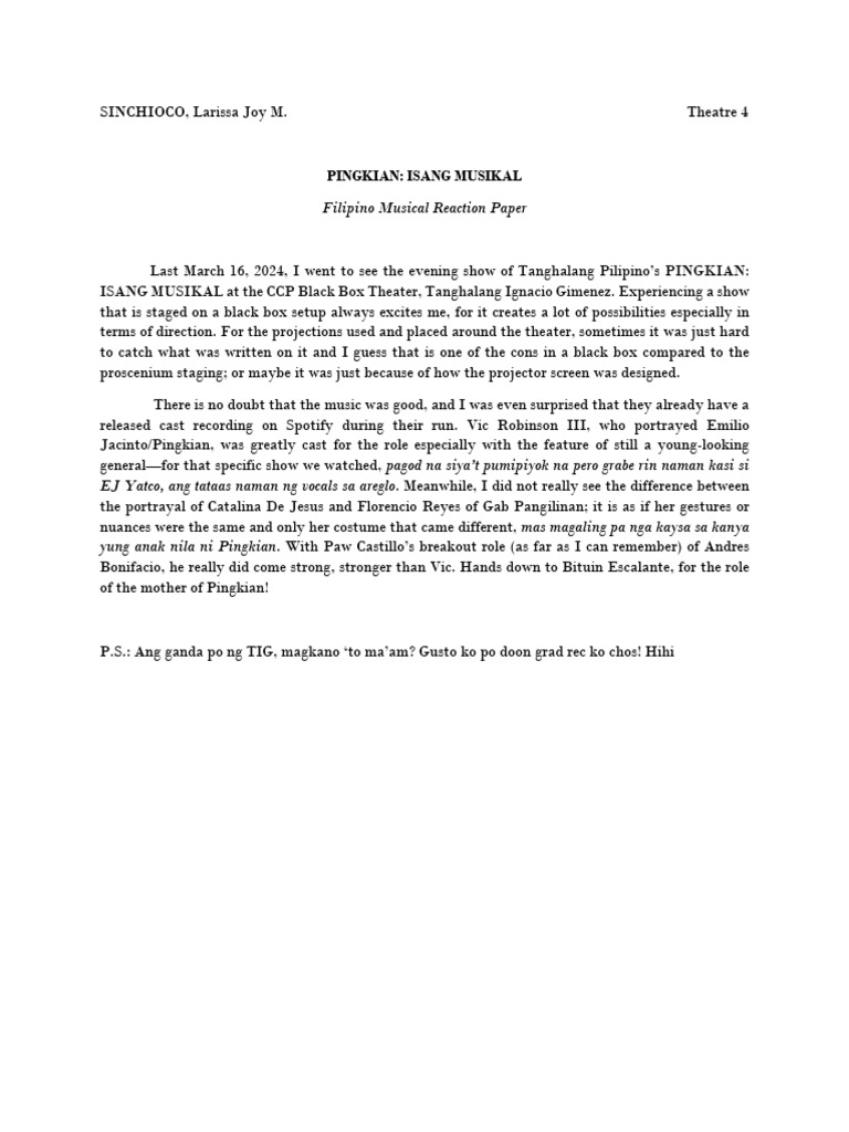 SINCHIOCO - THT4 - Filipino Musical | PDF