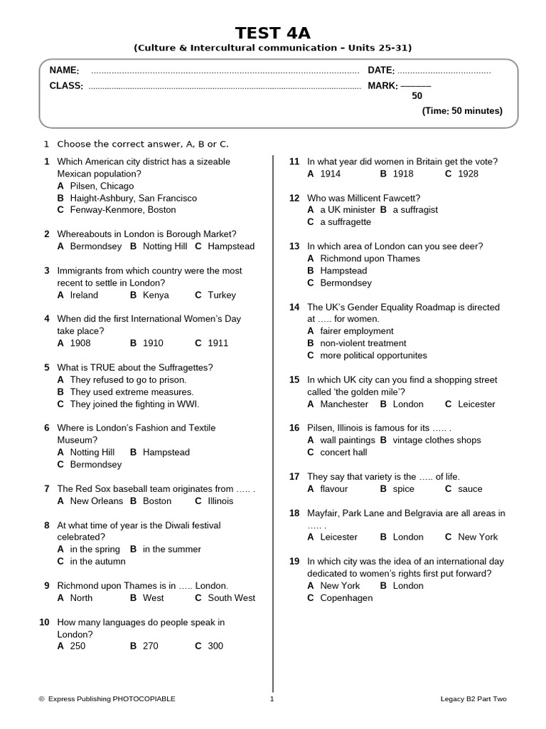 Legacy B2 Part 2 Culture Test | PDF | London | Woman