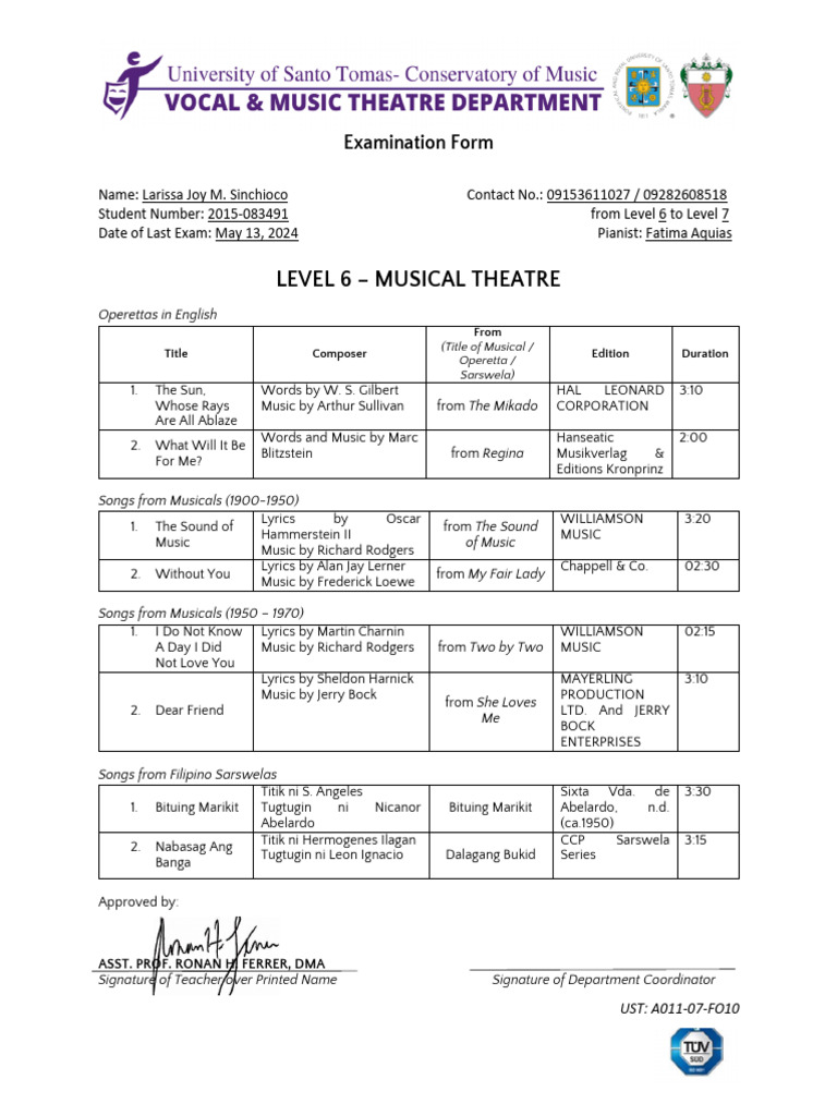 Sinchioco - Level 6 Exam Form | PDF | Musical Theatre | Opera