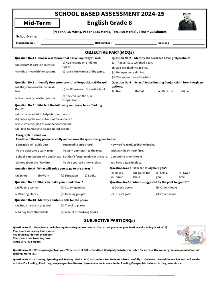 Grade 8 English SBA Paper Pattern 2024-25 | PDF | Grammar | Linguistics