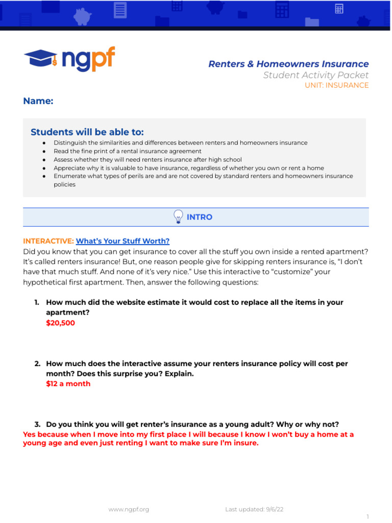 Copy of HB Copy of Renters & Homeowners Insurance Student Activity ...