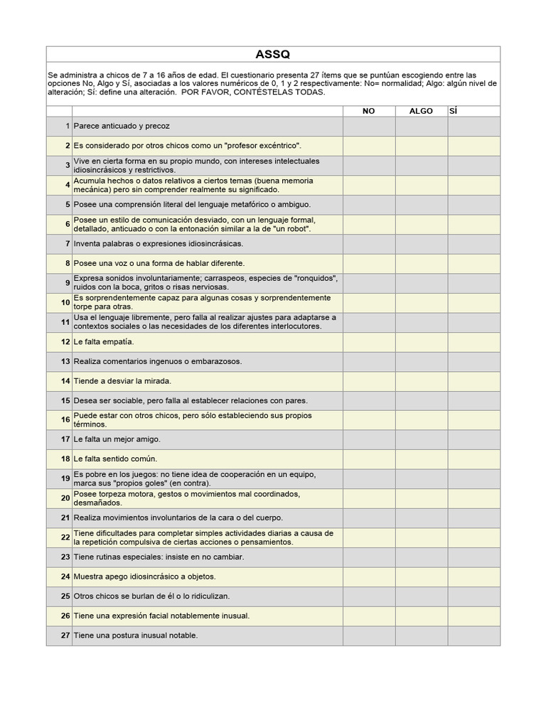 Cuestionario ASSQ para Niños 7-16 | PDF