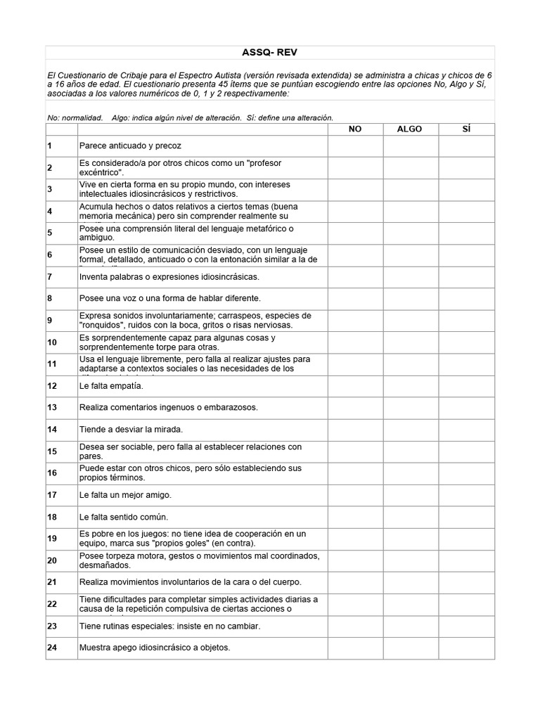 Cuestionario ASSQ-Revisado | PDF