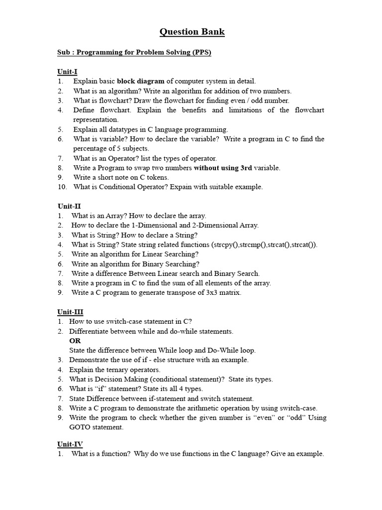 PPS QuestionBank All Units | PDF | Pointer (Computer Programming) | Computer Program