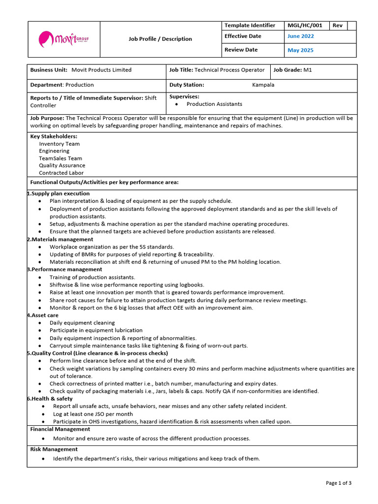 Technical Process Operator Job Description | PDF | Occupational Safety And Health | Safety