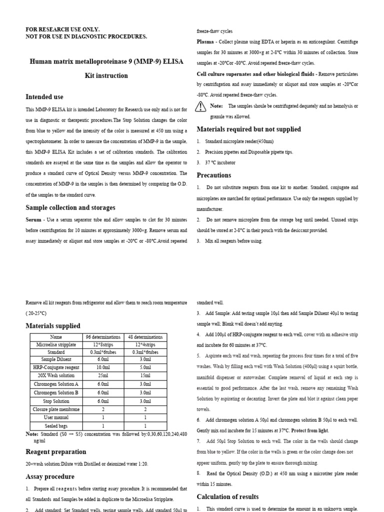 Human Matrix Metalloproteinase 9 (MMP-9) ELISA Kit | PDF | Elisa | Assay