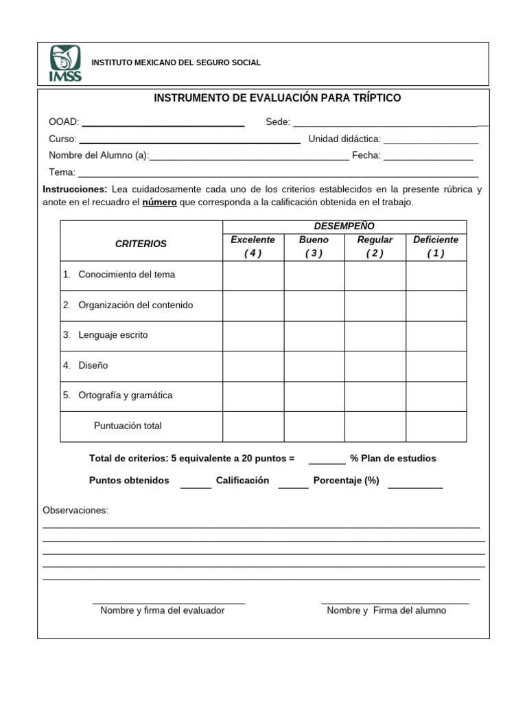 Rúbrica de Evaluación para Trípticos IMSS | PDF | Gramática ...