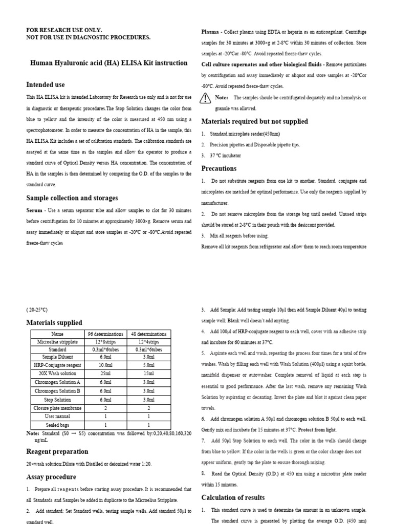 Human Hyaluronic Acid (HA) ELISA Kit | PDF | Assay | Laboratory Techniques