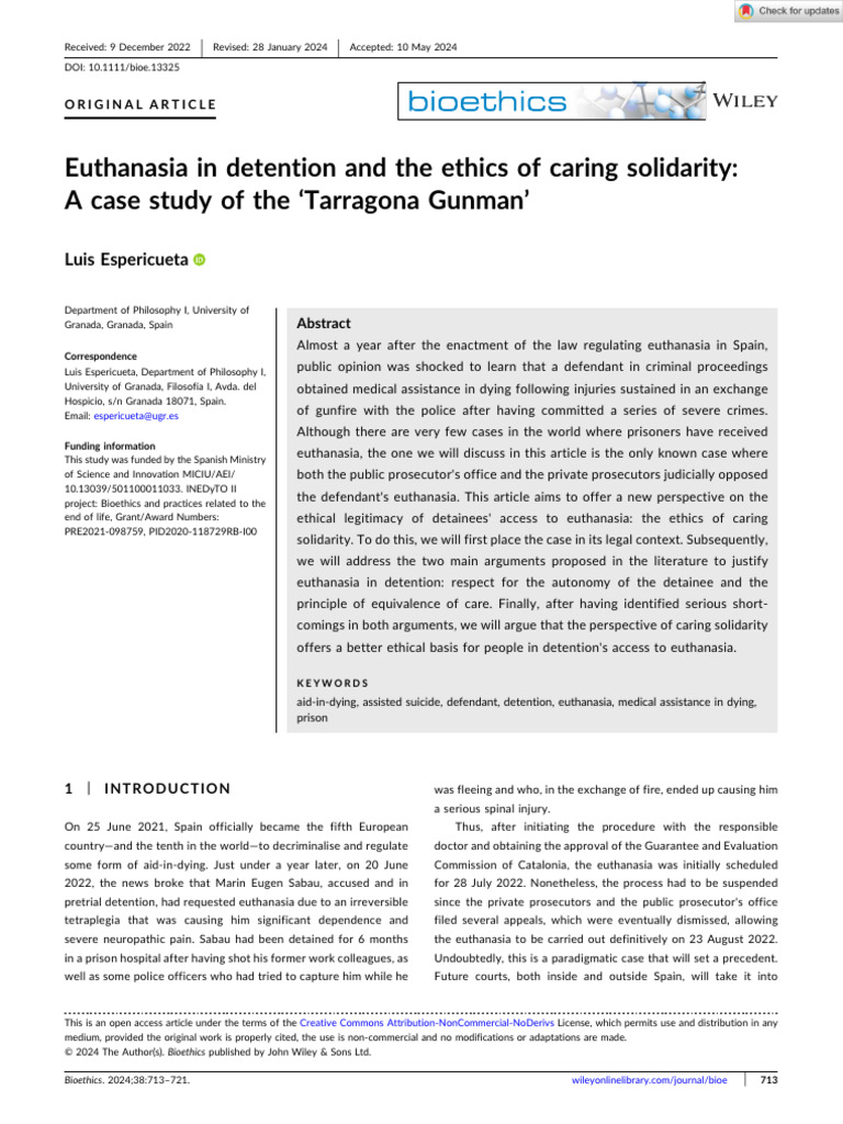 Euthanasia in Detention and The Ethics of Caring Solidarity A Case Study of The Tarragona Gunman ...