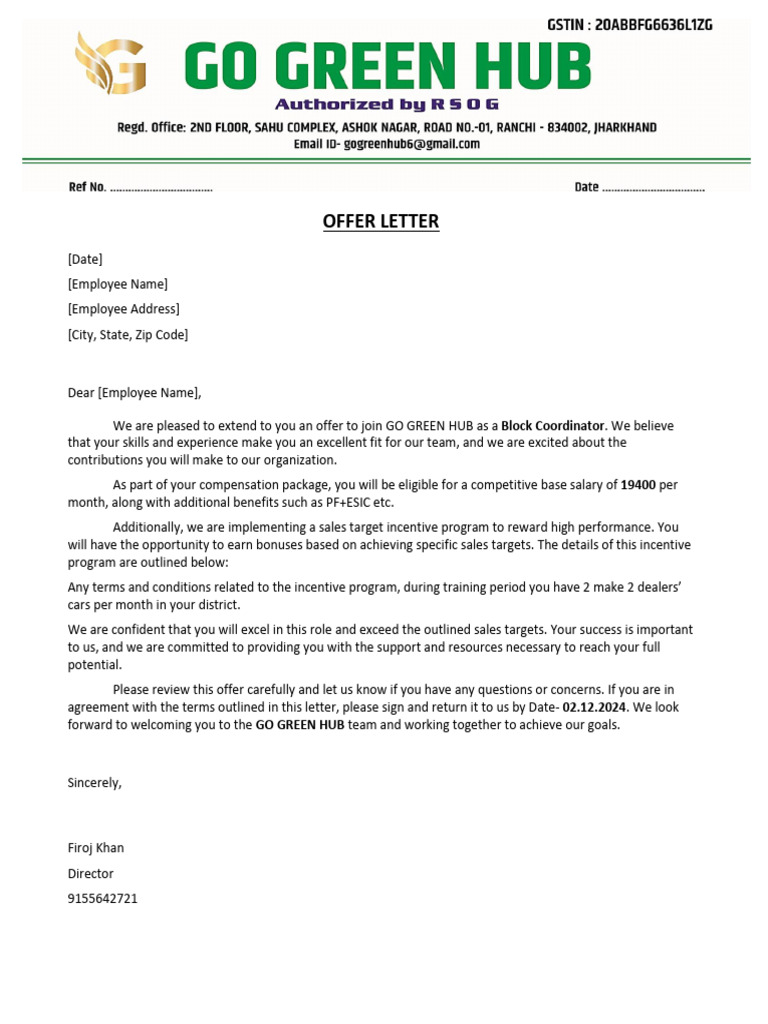 Offer Letter for Block Coordinator Position | PDF