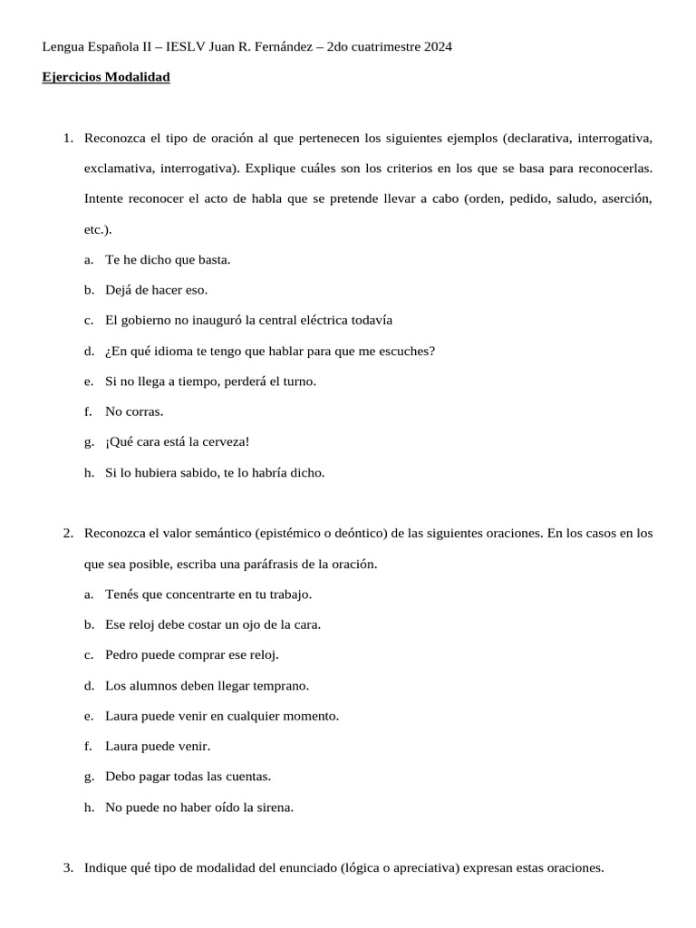 Ejercicios sobre Modalidad en Oraciones | PDF