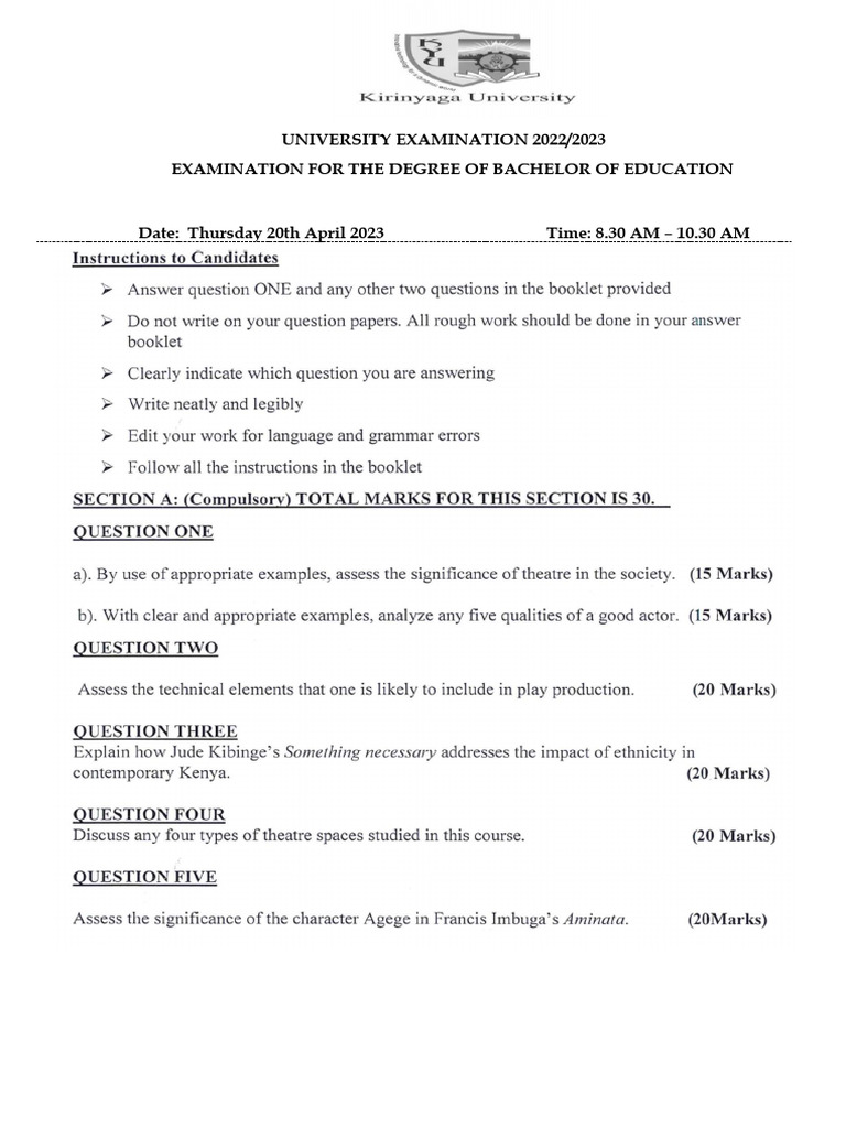 ALT 2321 Introduction To Drama and Theatre Year III Semester II-3 | PDF