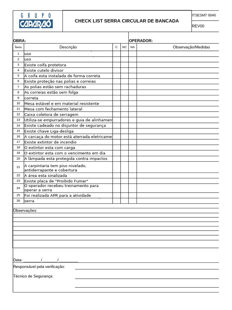 IT SESMT 0040 Check List Serra Circular | PDF