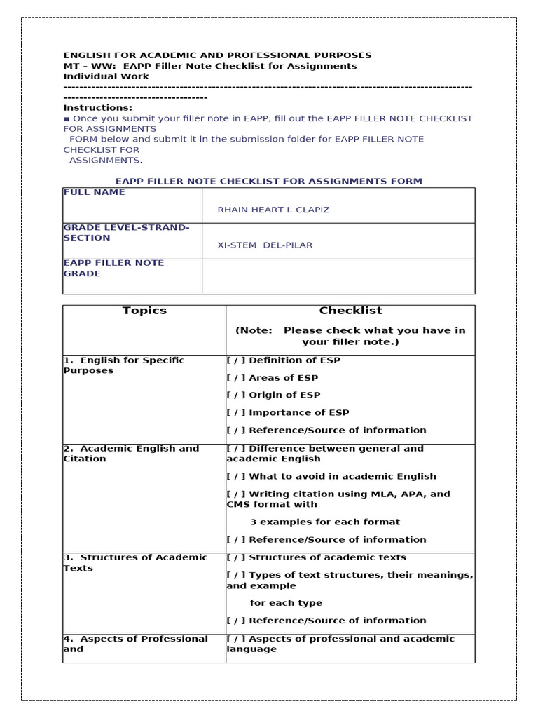 Eapp Filler Note Checklist For Assignments | PDF | Writing | Written ...