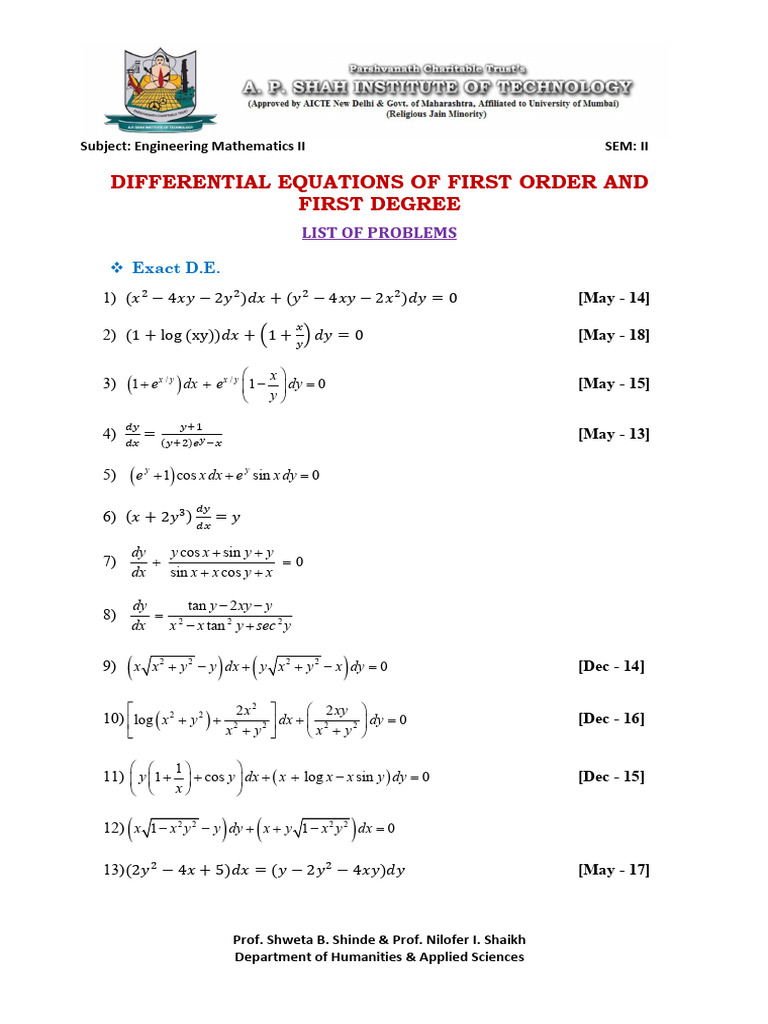 D.E. of First Order & First Degree - List of Problems | PDF | Mathematical Analysis | Algebra