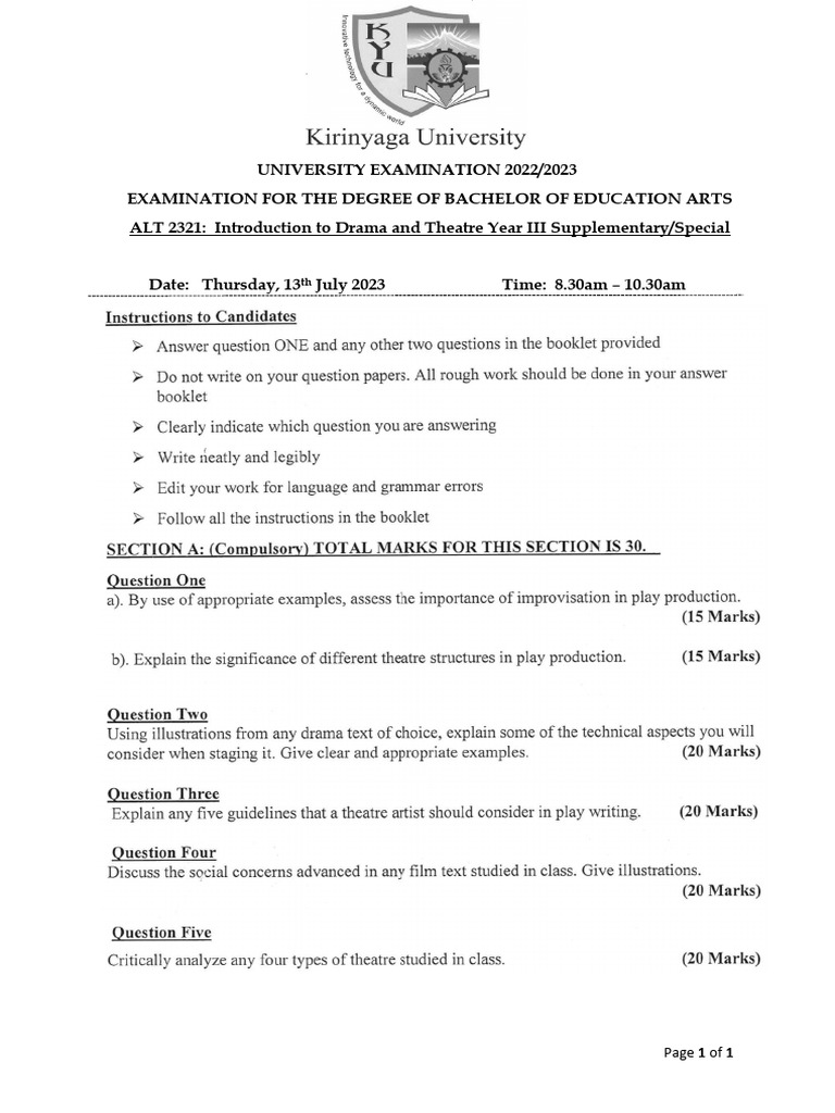 ALT 2321 Introduction To Drama and Theatre Year III Supplementary ...