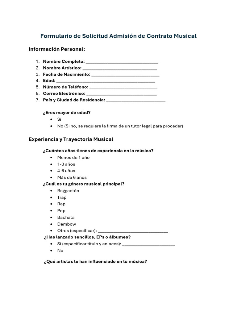 Formulario de Solicitud para Contrato Musical | PDF | Spotify