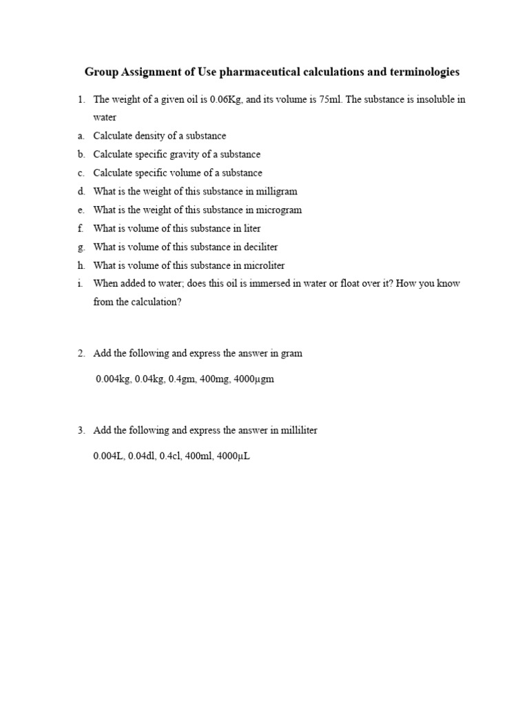 Pharmaceutical Calculation Assignment 1 | PDF