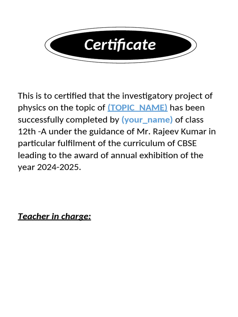 Physics Project Certificate 2024 | PDF