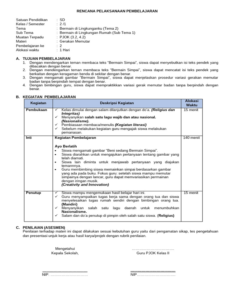 RPP Pjok Kelas 2 Tema 2 | PDF