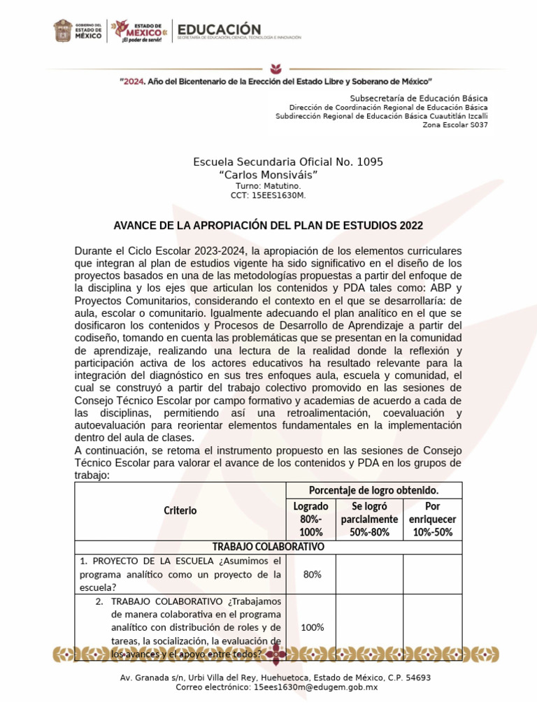 Avance de La Apropiación Del Plan de Estudios 2022 | PDF | Plan de estudios | Educación primaria