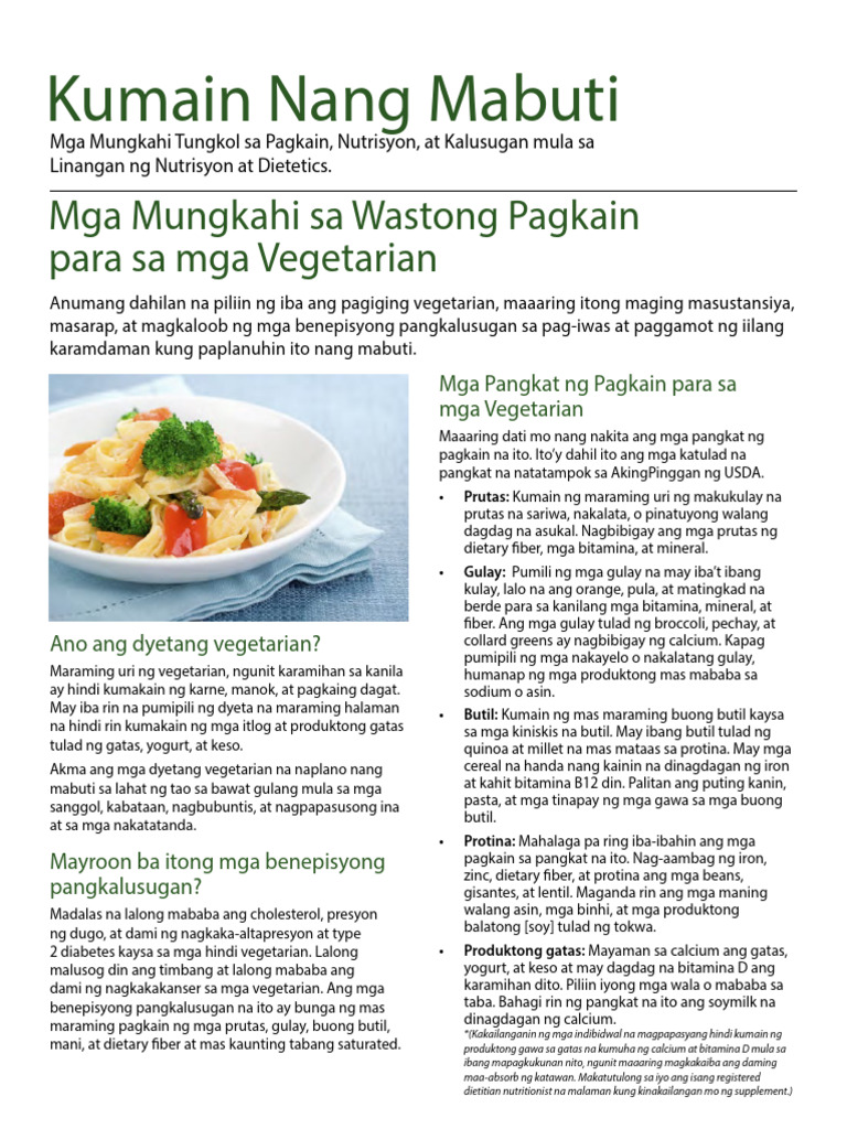 Healthy Eating Tips For Vegetarians - Tagalog | PDF