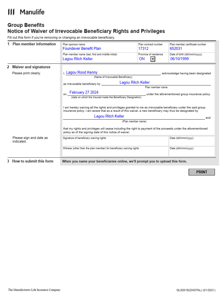 GL5201E Waiver of Irrevocable Beneficiary Rights and Privileges | PDF ...