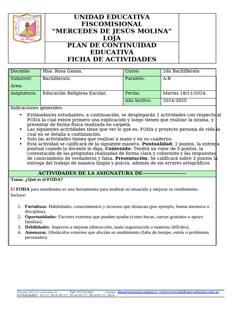 Ficha de Actividades - Continuidad Educativa 2do Bgu A-B | PDF | Análisis FODA | Aprendizaje