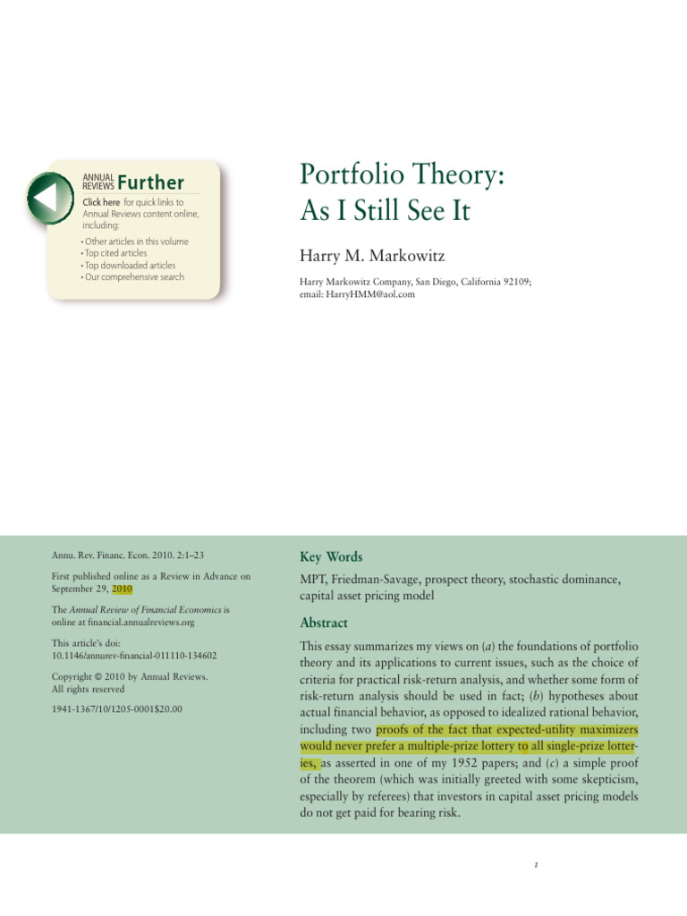 Portfolio Theory Harry M. Markowitz | PDF | Modern Portfolio Theory ...