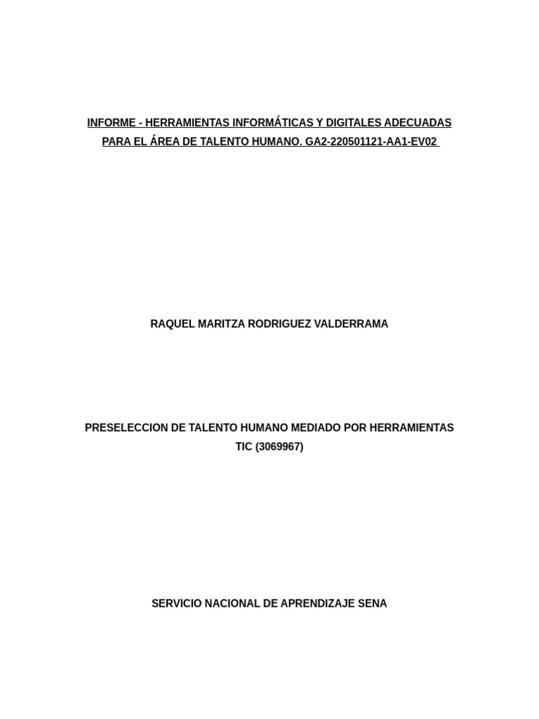 INFORME Herramientas Informáticas y Digitales Adecuadas para El Área de Talento Humano. GA2 ...